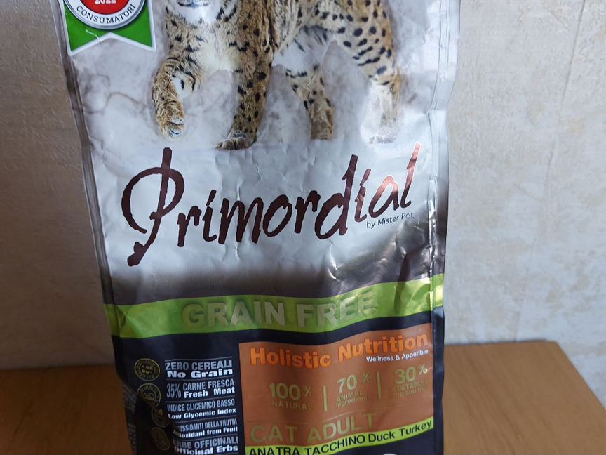Корм для кошек primordial беззерновой индейка утка