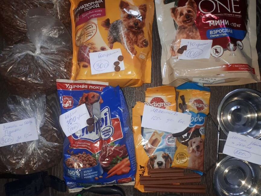 Сухой корм для собак, миска, намордник, поводок