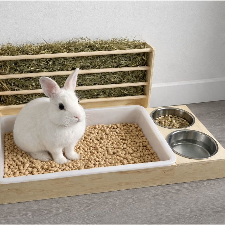 Лоток с сенником и мисками для кролика