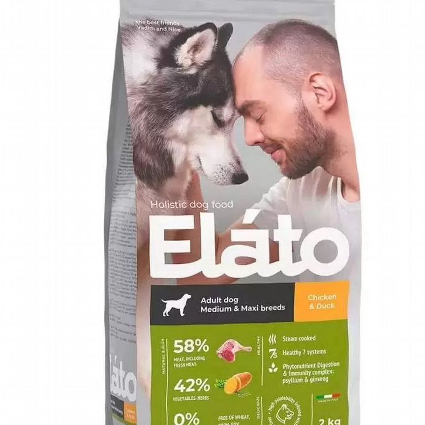 Сухой корм Elato Holistic для собак средних и крупных пород с курицей и уткой - 2 кг