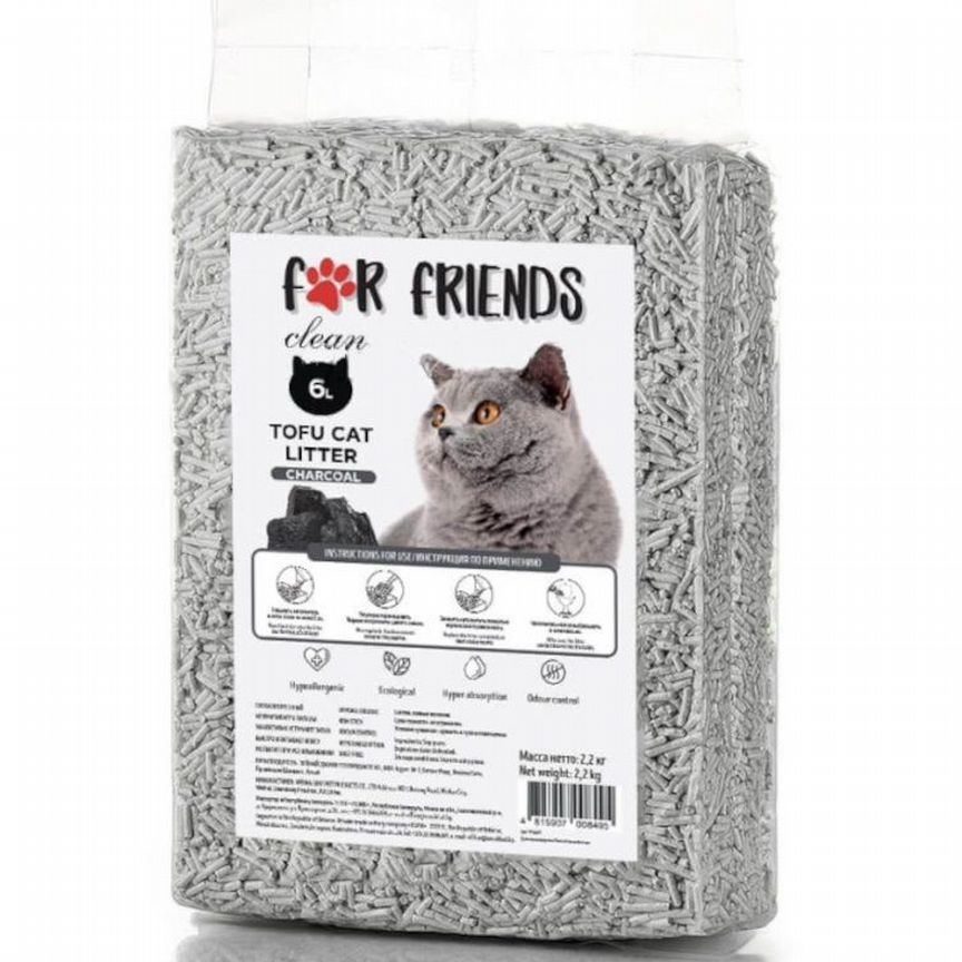 Наполнитель FOR friends Charcoal тофу, комкующийся растительный, с углем - 6 л