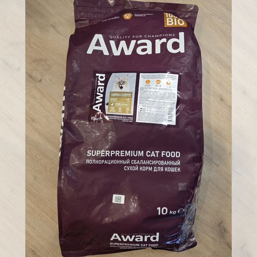 Корм для взрослых кошек Award 10 кг утка